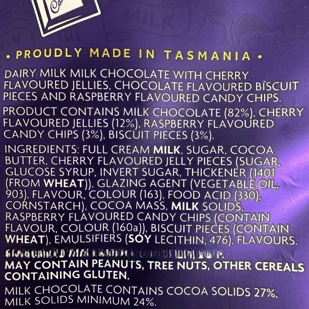 Cadbury Dairy Milk Black Forest Raspberry Large Chocolate Block (Austr ...